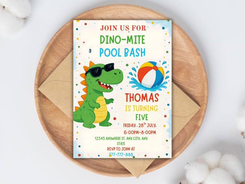 Editable Dinosaur Pool Party 5th Birthday Invitation Dino-mite Summer ...