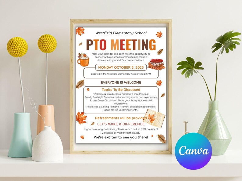 Fall PTA Meeting Flyer Printable PTO Fall Meeting Flyer Editable ...