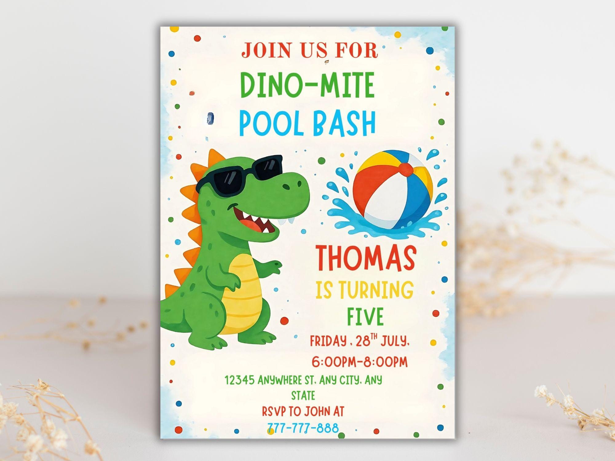 Editable Dinosaur Pool Party 5th Birthday Invitation Dino-mite Summer ...