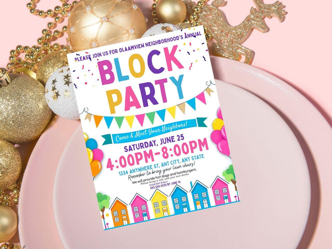 Block Party Invitation Flyer, DIY Flyer Template Design, Neighborhood ...