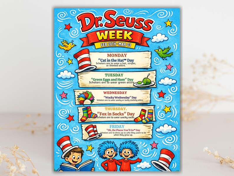 Editable School Spirit Week Schedule, Read Across America Week 2025 ...