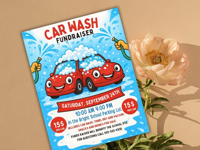 Editable Car Wash Fundraiser Flyer Template - School PTO PTA Car Wash ...