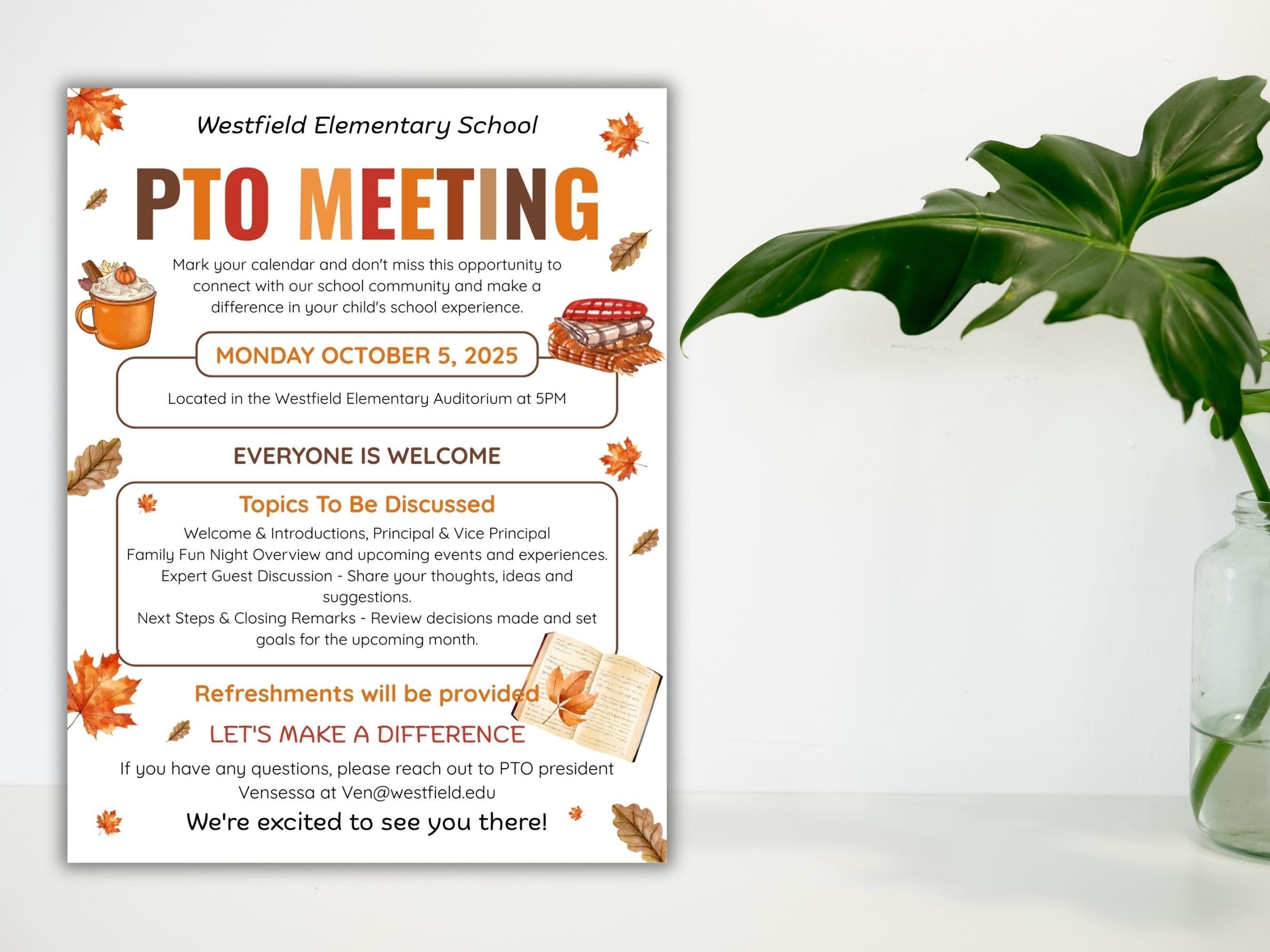 Fall PTA Meeting Flyer Printable PTO Fall Meeting Flyer Editable ...