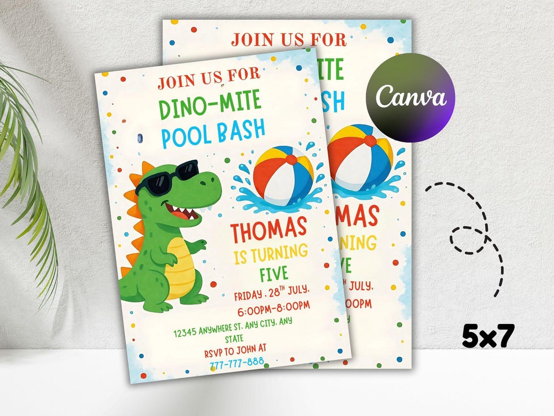 Editable Dinosaur Pool Party 5th Birthday Invitation Dino-mite Summer ...