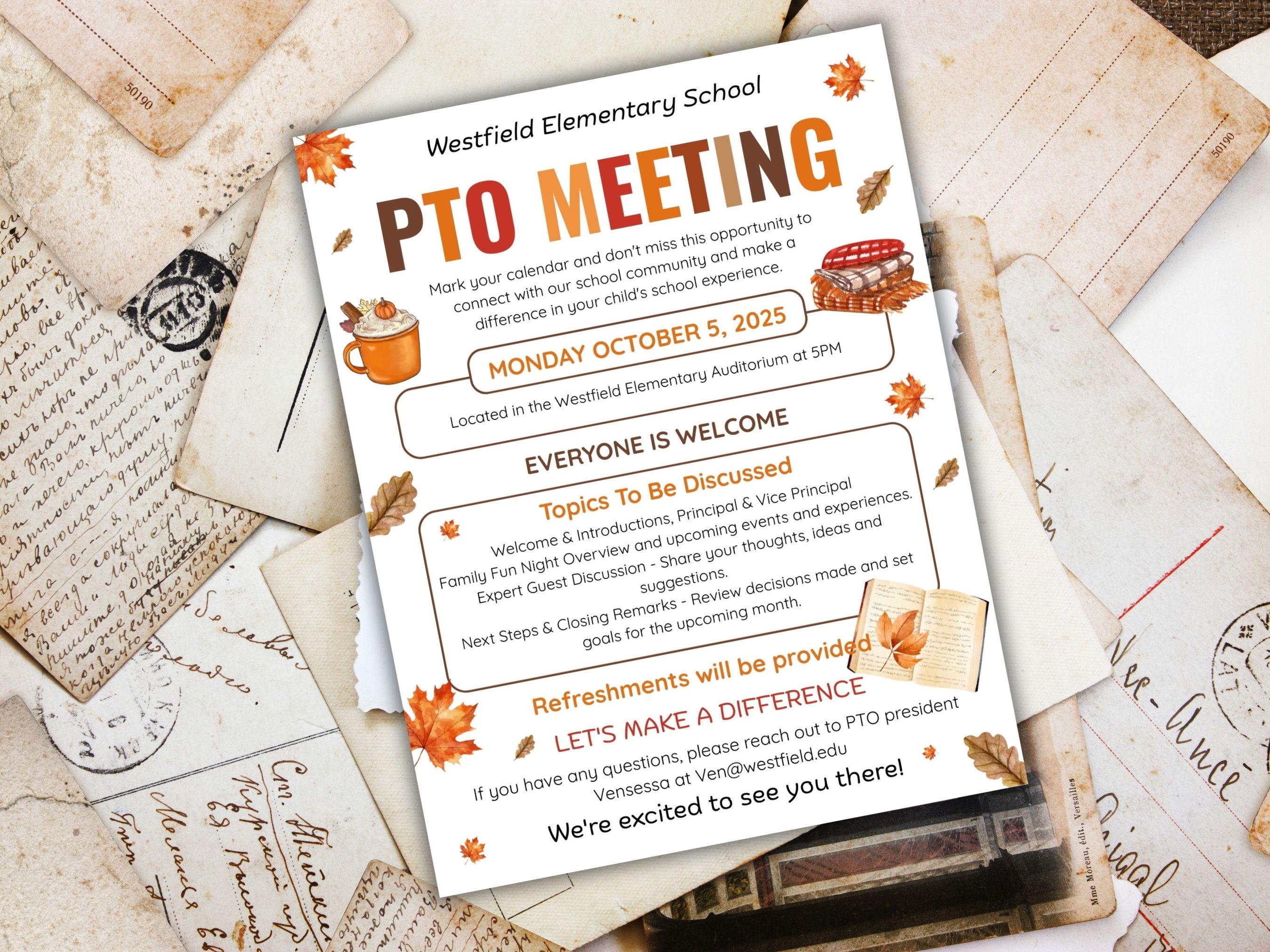 Fall PTA Meeting Flyer Printable PTO Fall Meeting Flyer Editable ...