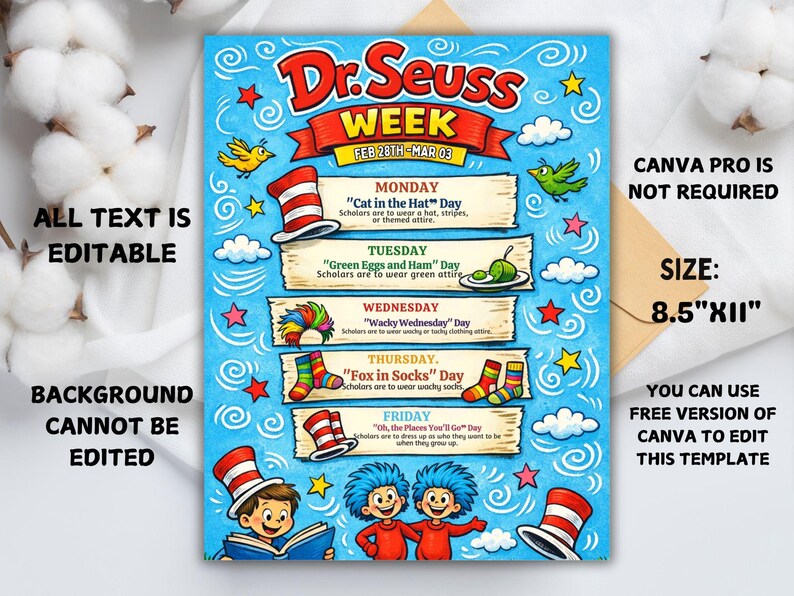 Editable School Spirit Week Schedule, Read Across America Week 2025 ...