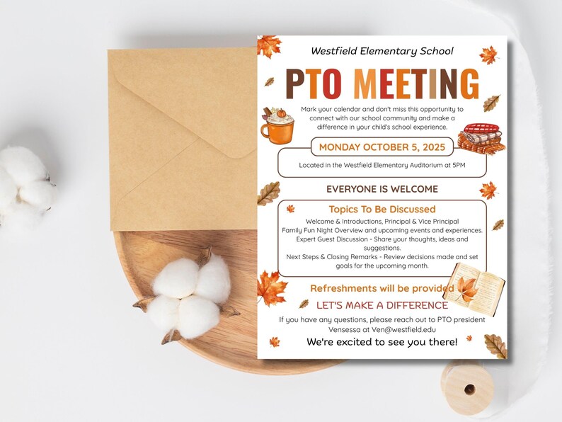 Fall PTA Meeting Flyer Printable PTO Fall Meeting Flyer Editable ...
