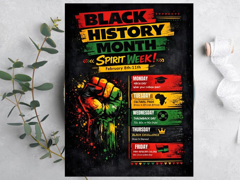 Black History Month Spirit Week Flyer | School February Dress up Days ...