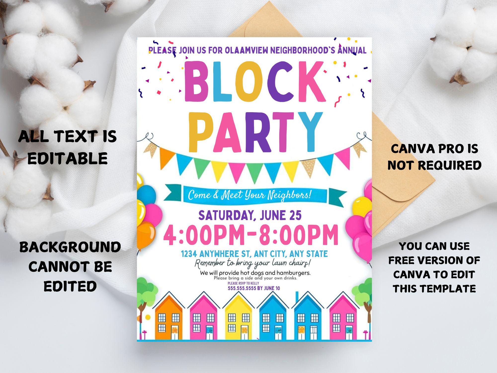 Block Party Invitation Flyer, DIY Flyer Template Design, Neighborhood ...