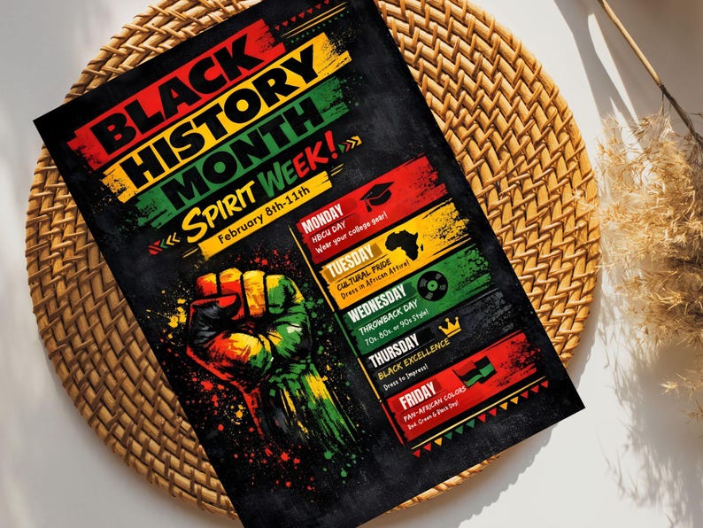 Black History Month Spirit Week Flyer | School February Dress up Days ...