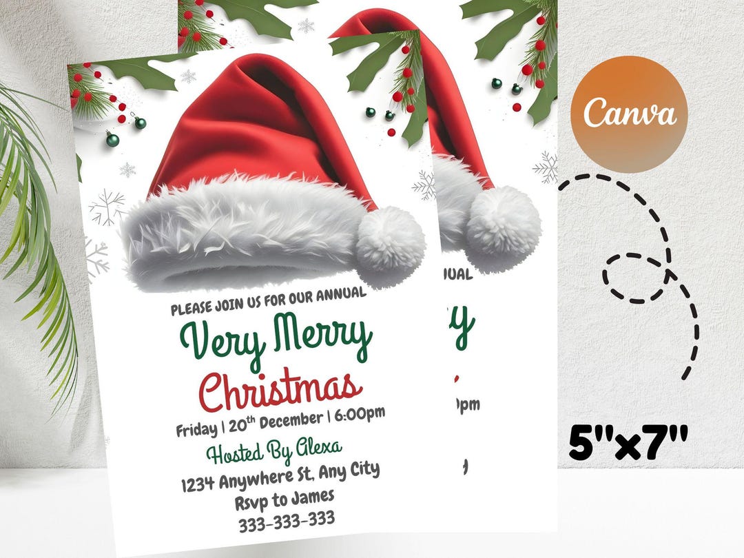 Santa Hat Invitation, Holiday Dinner Invitation Annual Block Party Hand ...