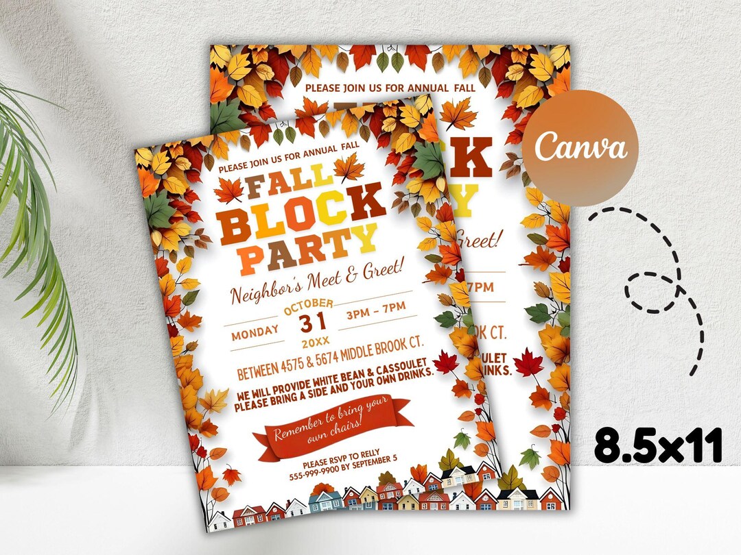 Fall Block Party Flyer Editable Template for Autumn Neighborhood Party ...