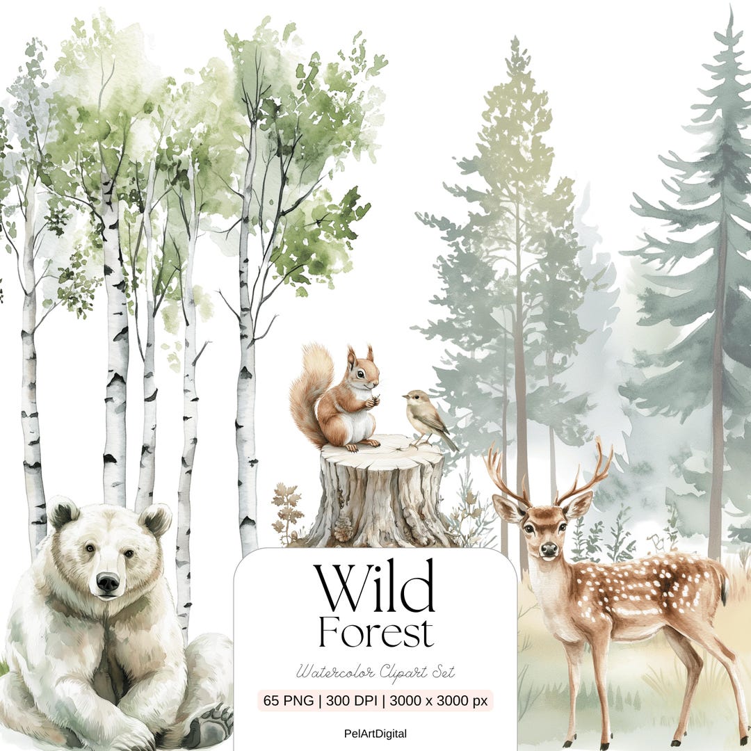 Watercolor Wild Forest Clipart Set, Forest Animals Clip Art, Landscape ...