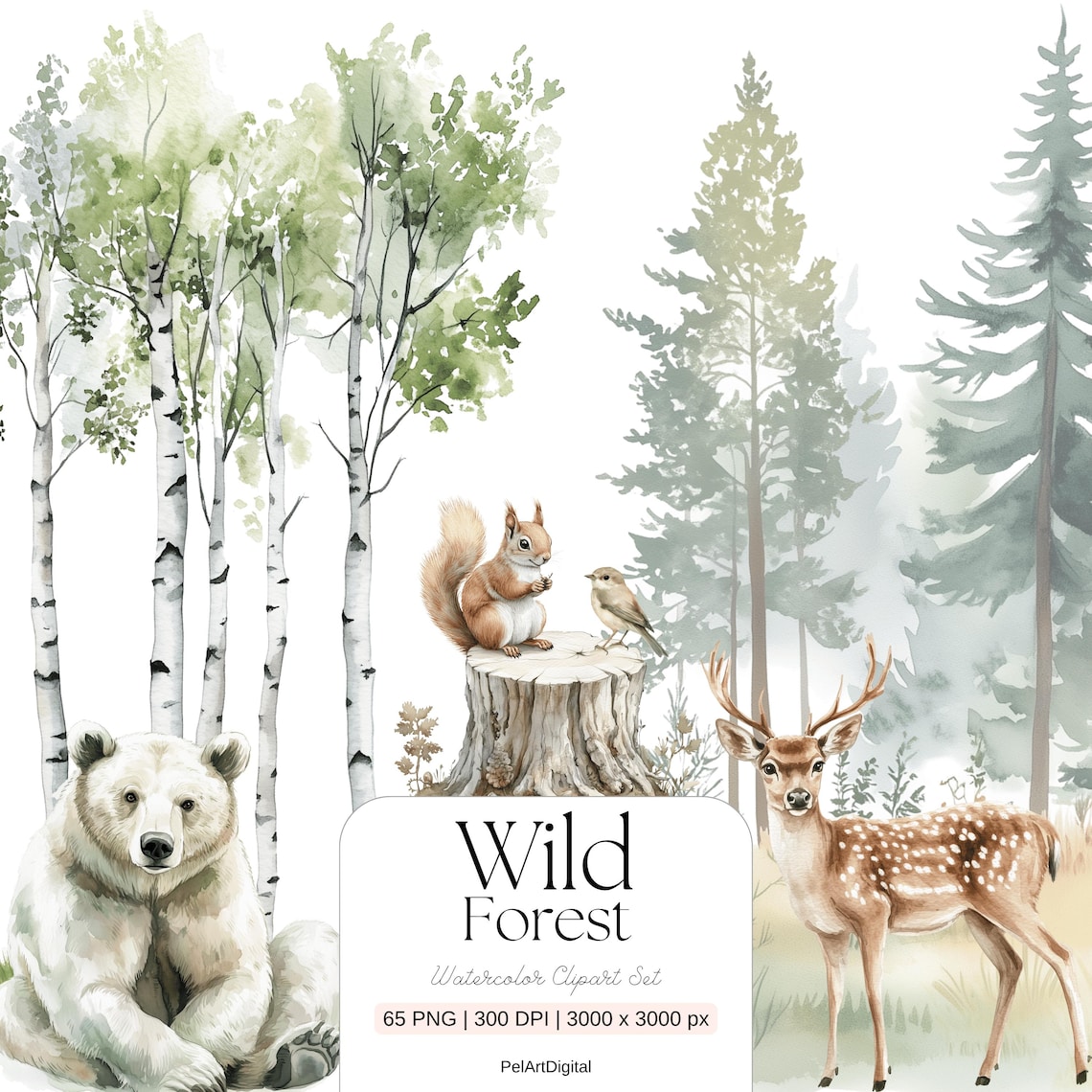 Watercolor Forest Animals Clipart Set: Landscape PNG, Scrapbooking ...