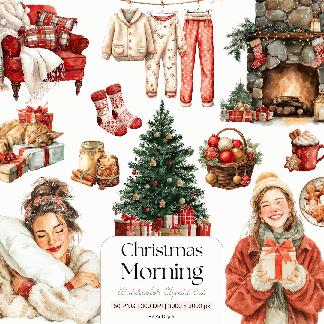 Watercolor Christmas Morning Clipart Set: Cozy Christmas PNG (digital ...