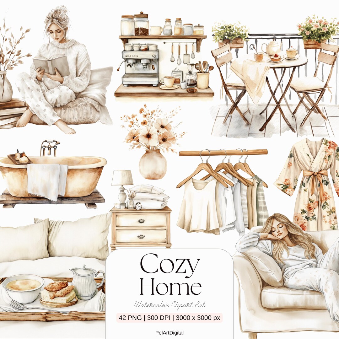 Watercolor Cozy Home Clipart Set, Girl Clip Art, Cozy Aesthetic PNG ...