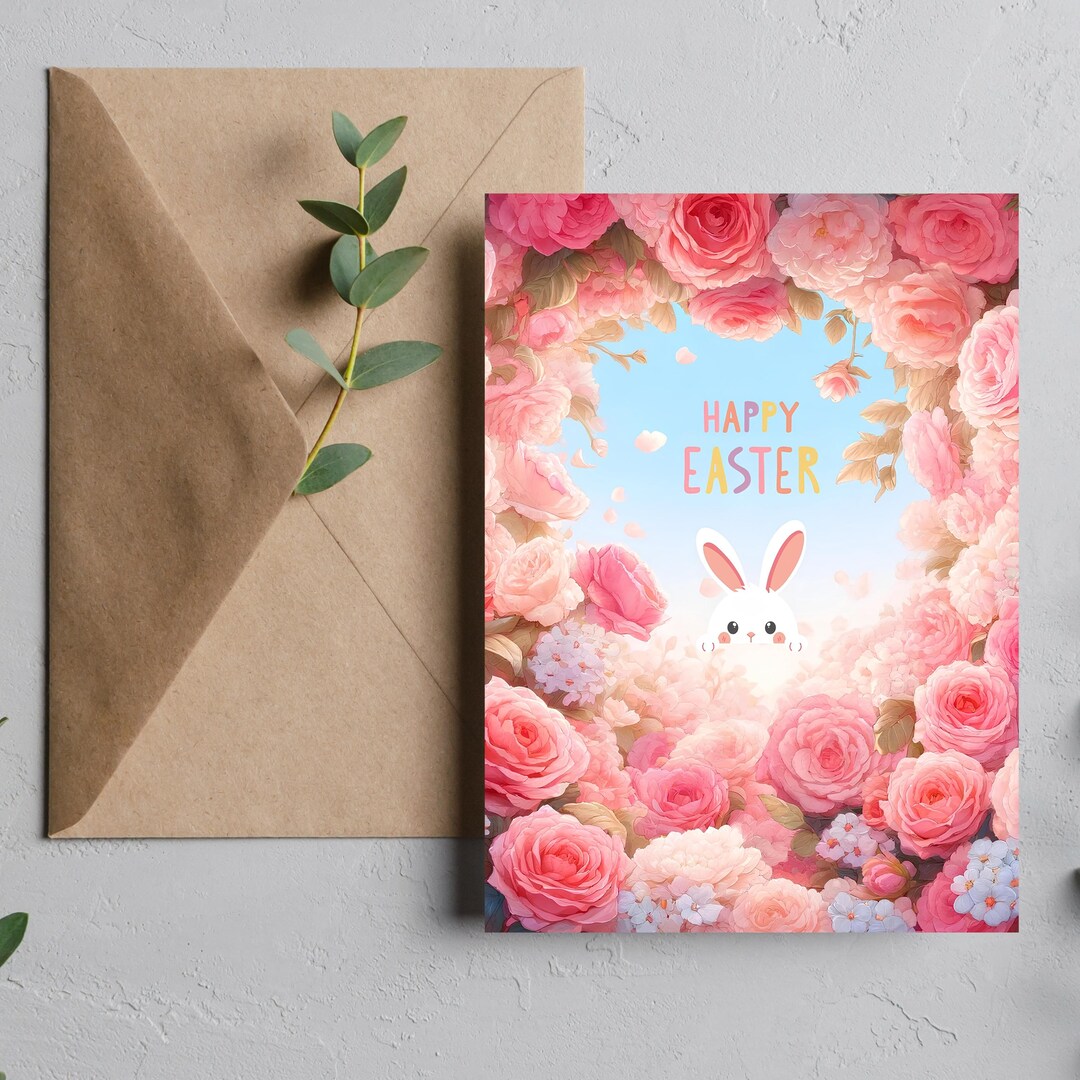 Printable Easter Greeting Card With Bunny & Pink Flowers, Easter Card ...