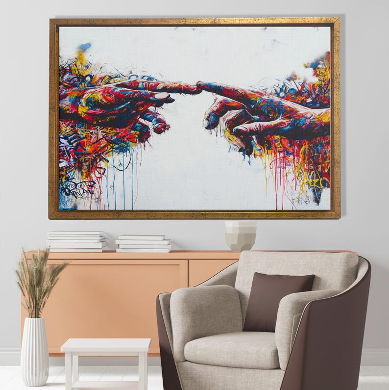 Creation Hands Wall Art, Abstract Michelangelo Canvas, Colorful ...