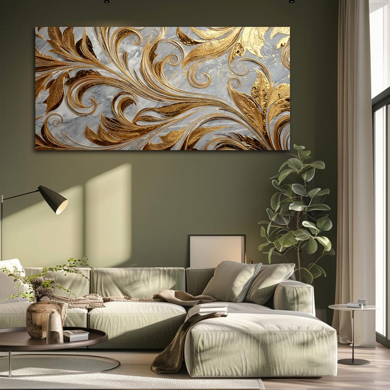 Luxury Gold Baroque Canvas Art, Elegant Marble Texture Wall Decor ...
