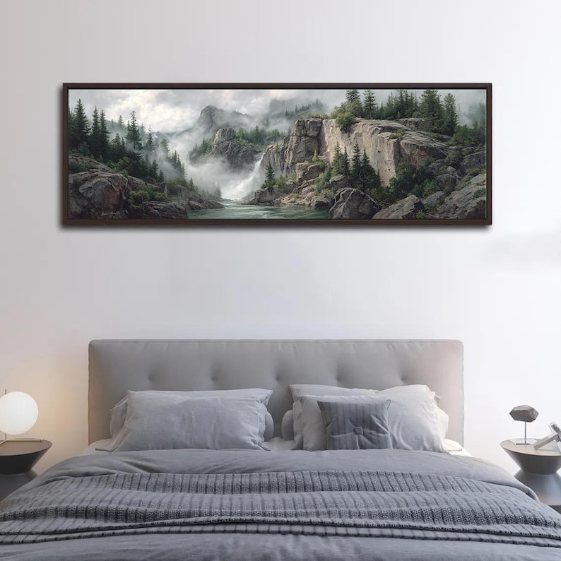 Panoramic Mountain Landscape Canvas Wall Art, Misty Forest River Scene ...