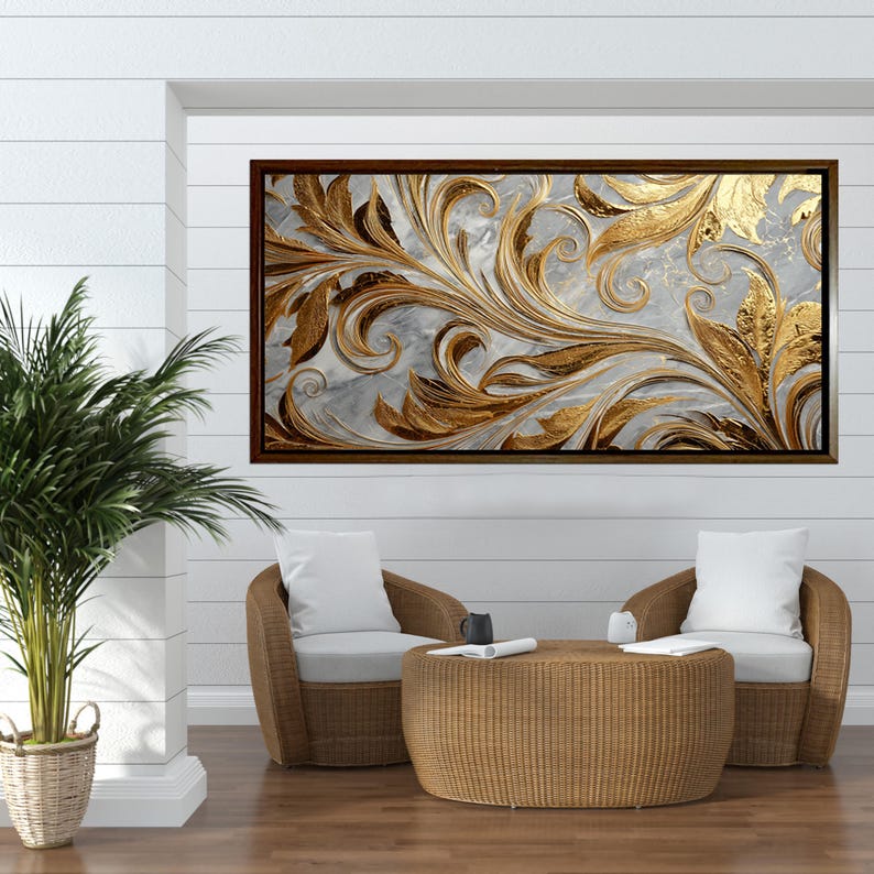 Luxury Gold Baroque Canvas Art, Elegant Marble Texture Wall Decor ...