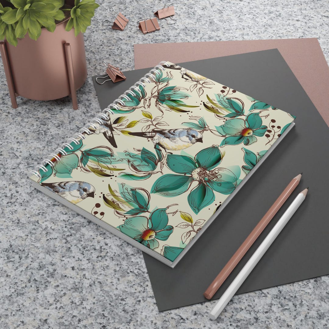 Blue Flower and Bird Spiral Notebook, Floral Journal, Pretty Notebook ...