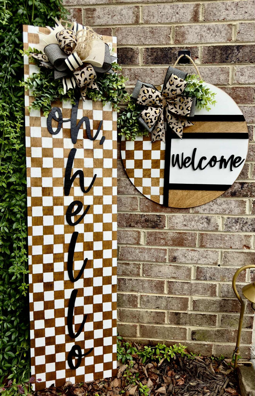 Farmhouse Porch Sign Set – Buffalo Check, Leopard Bow, Rustic Welcome ...
