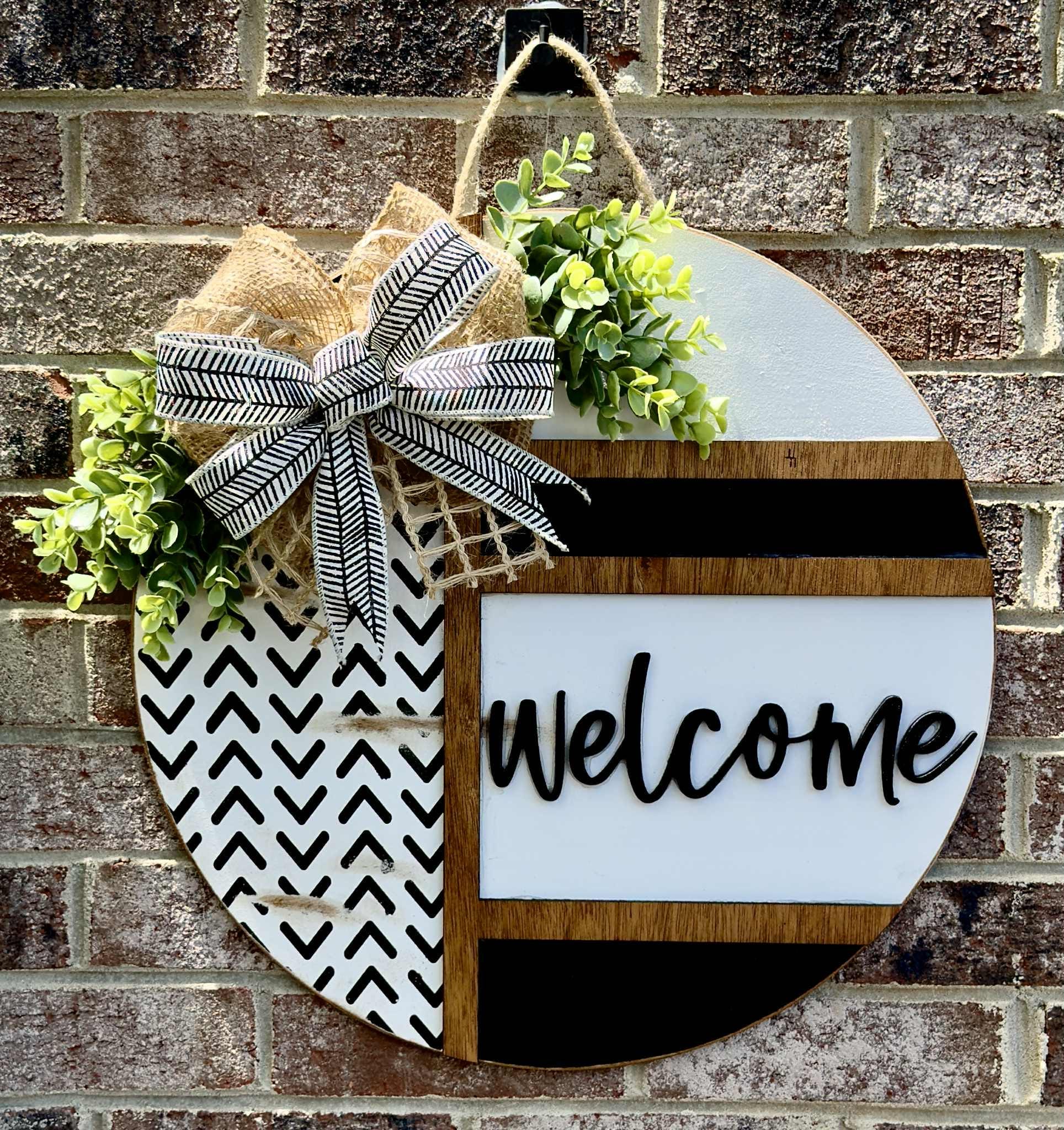 Farmhouse Welcome Door Hanger: Rustic Birch Wood, Greenery & Bow - Etsy