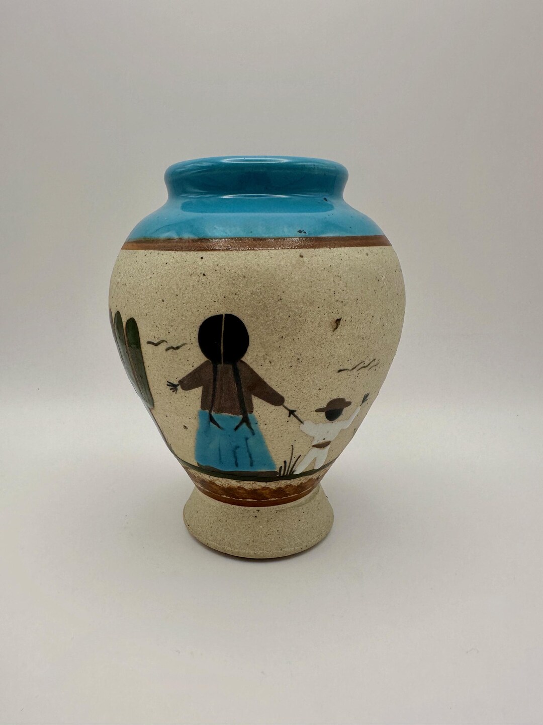 Vase Sandstone Pottery Tonala Mexico Folk Art Hand Painted Mother and ...
