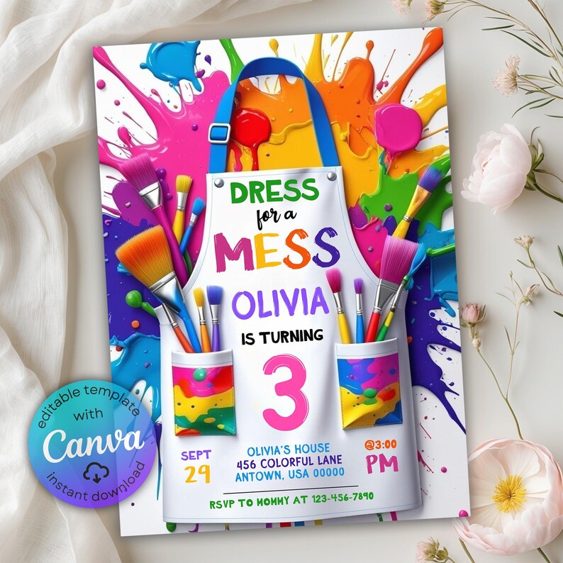 Art Birthday Party Invitation, Artist Dress for a Mess Painting Art ...