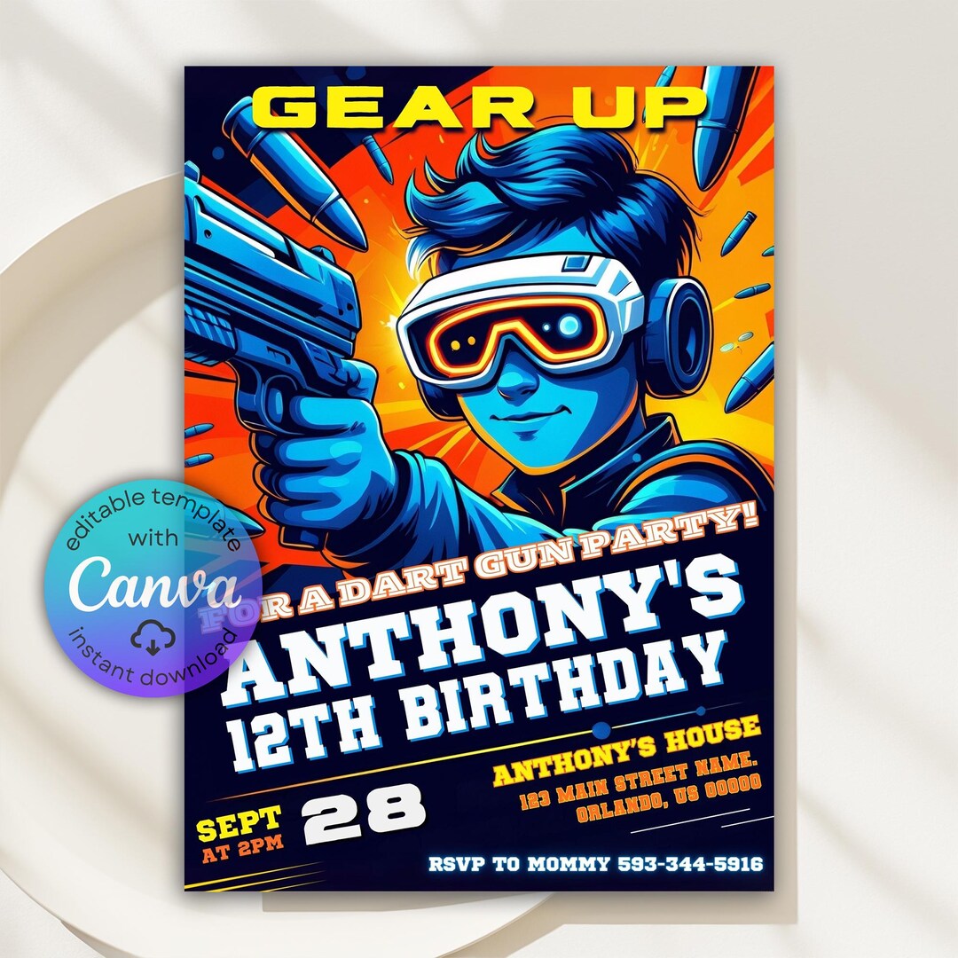 Dart Gun Birthday Invitation, Kids or Teens Action-themed Dart Gun ...