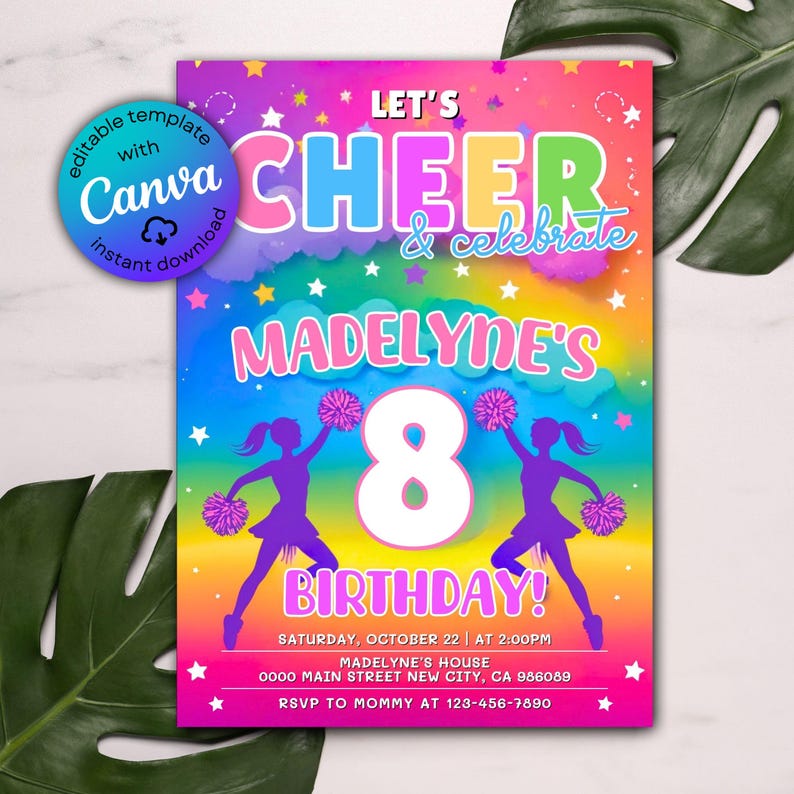 Rainbow Cheerleading Birthday Invitation, Cheerleader Invitation, Cheer ...