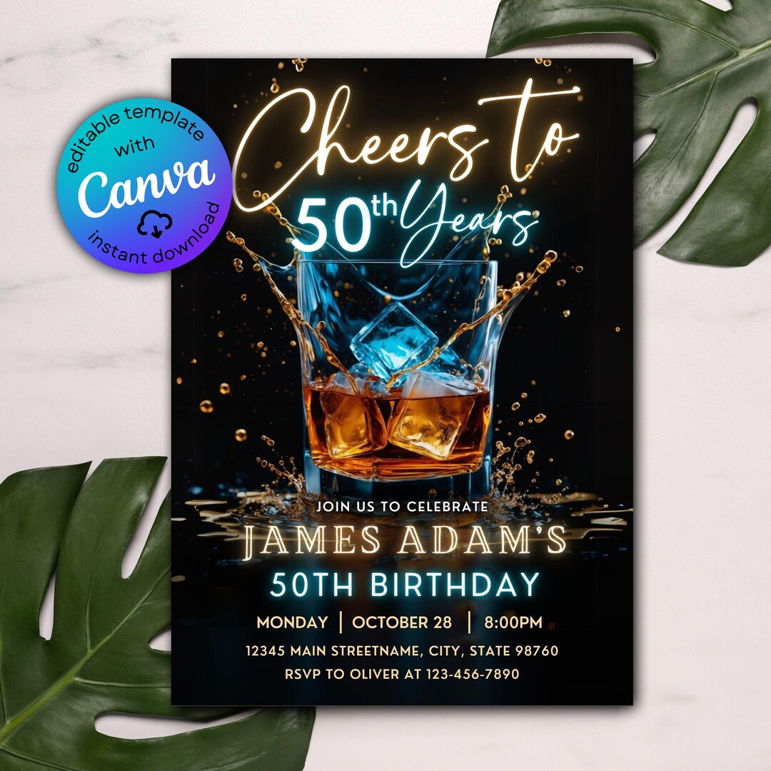 Editable Whiskey Birthday Invitation, Cognac Scotch Liquor, Adult Men ...
