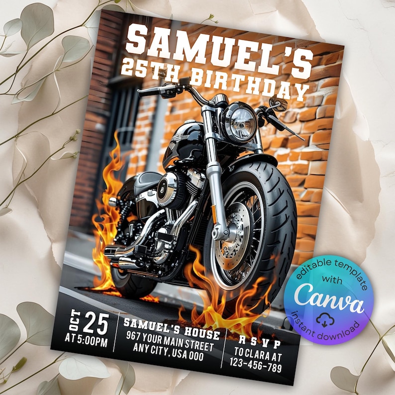 Fire Motorcycle Birthday Invitation, Vintage Motorcycle Invitation ...