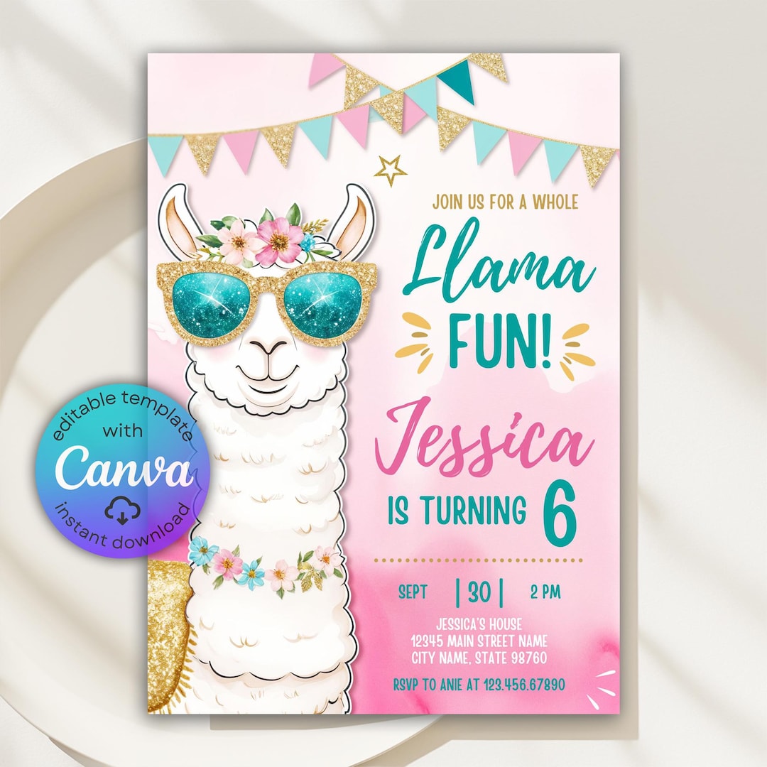 Editable Llama Birthday Party Invitation, Fiesta Theme (canva Template ...