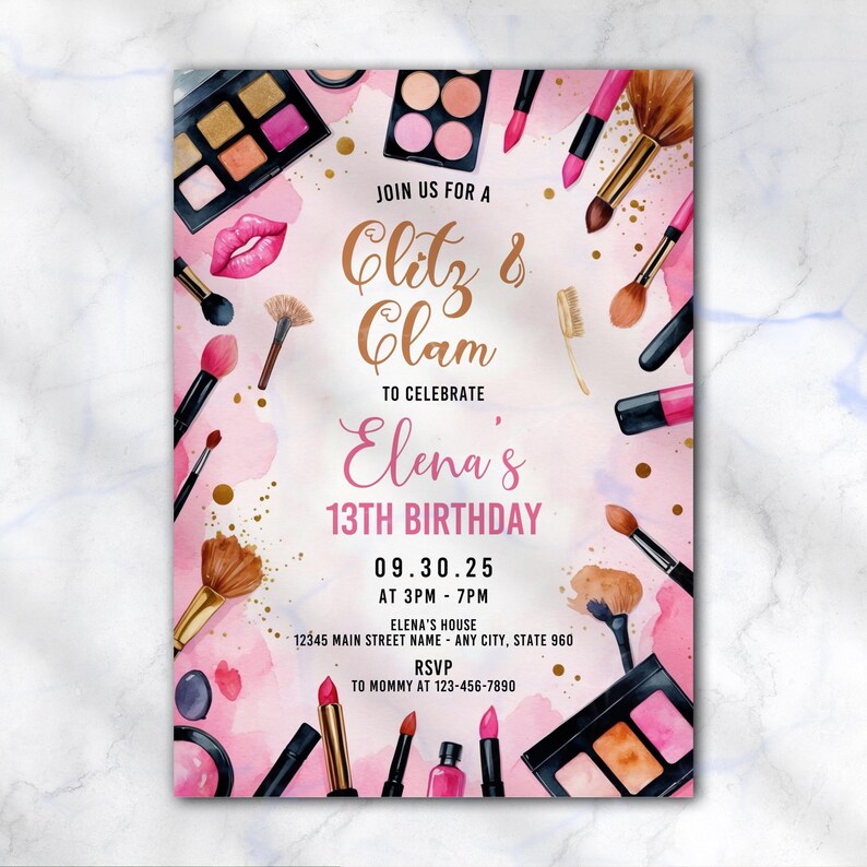 Editable Glitz and Glam Birthday Invitation, Spa Party Invite, Pamper ...