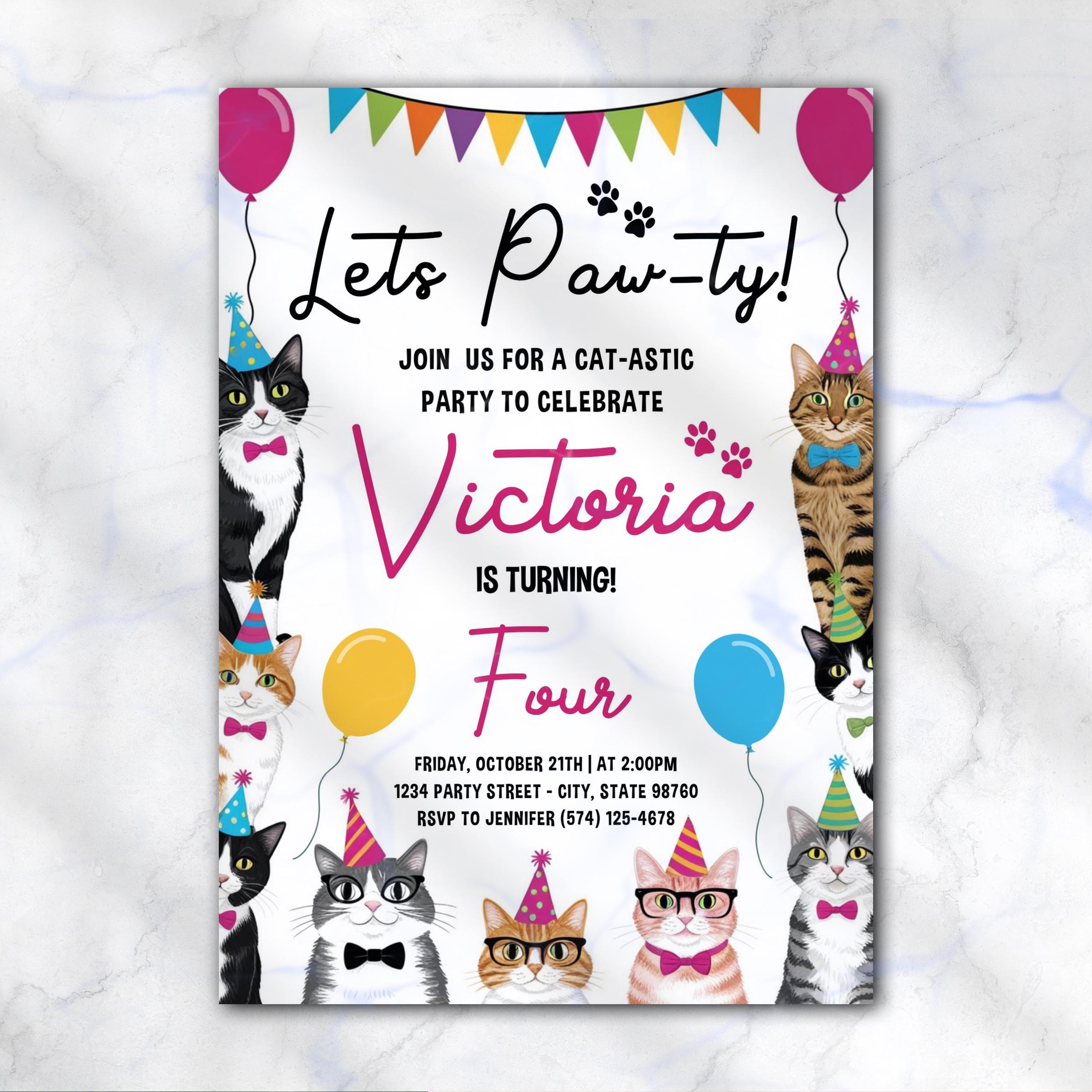 Editable Cat Birthday Party Invitation, Cat Theme Birthday, Kitty Cat ...