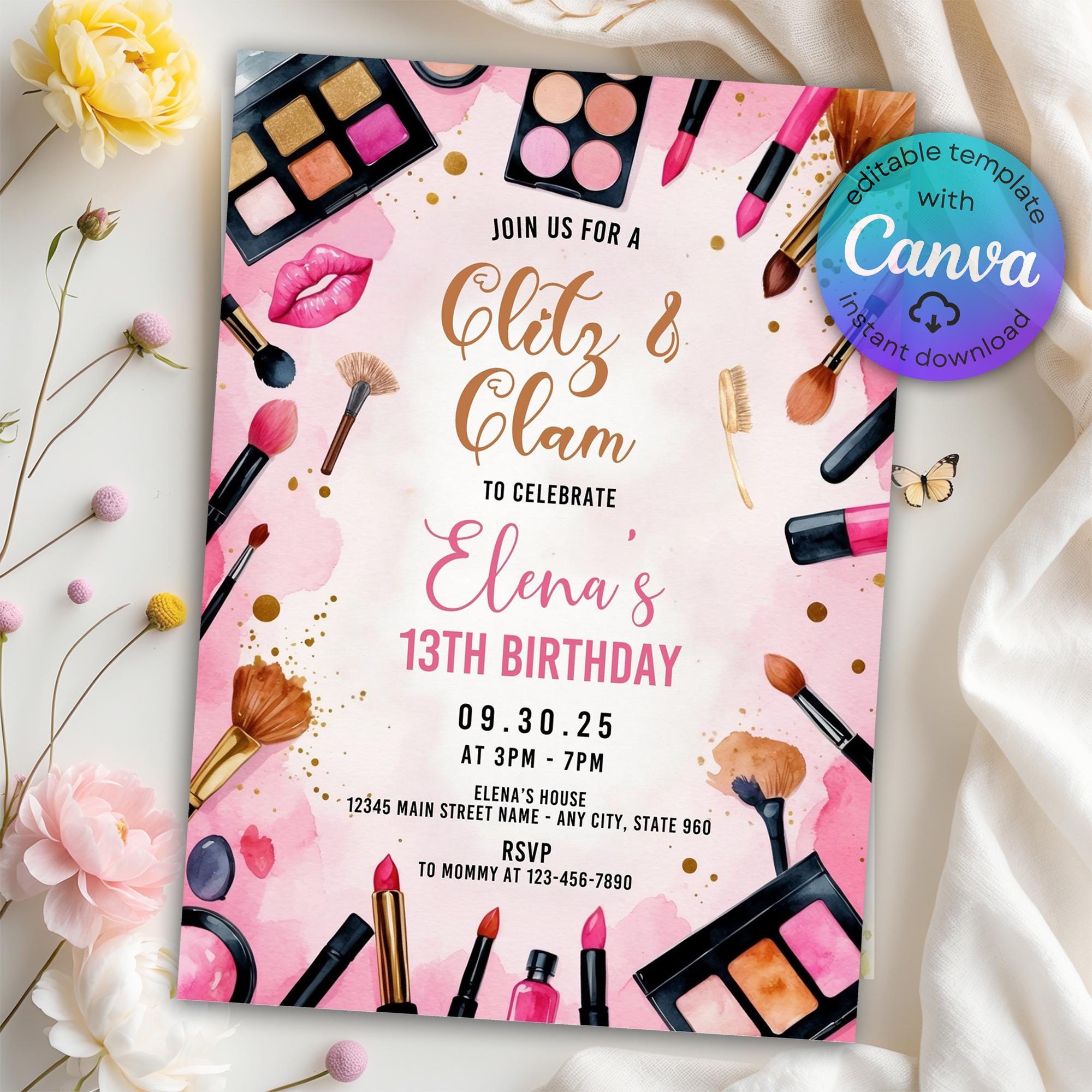 Editable Glitz and Glam Birthday Invitation, Spa Party Invite, Pamper ...