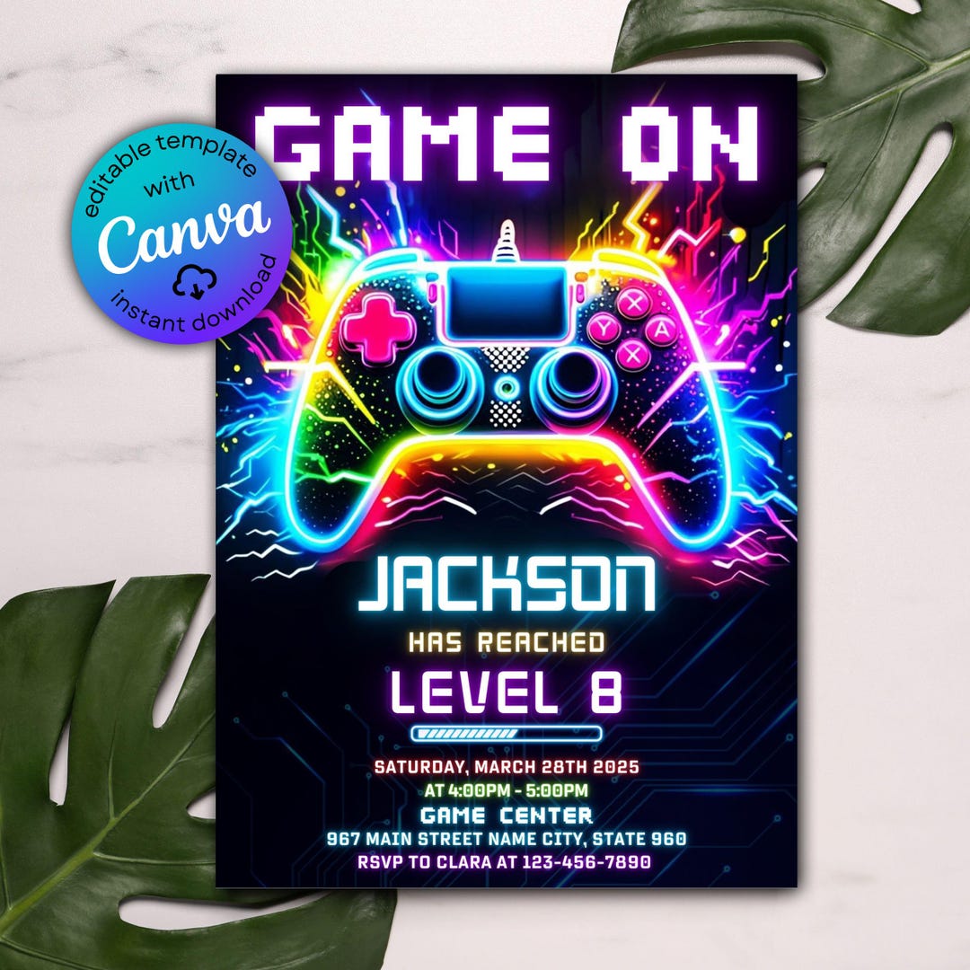 Editable Video Game Party Invitation, Level up Birthday, Neon Glow ...