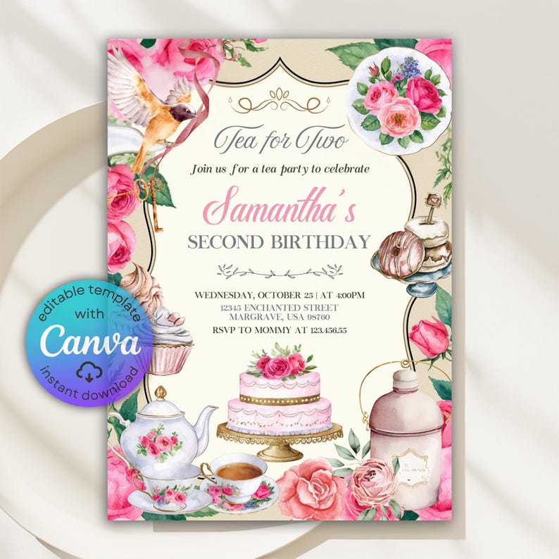 Editable Tea Party Birthday Invitation, Shabby Chic Canva Template ...