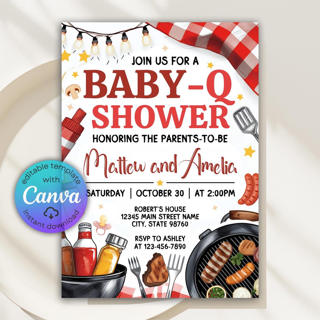 Baby-q Baby Shower Invitation, BBQ Theme, Editable Canva Template - Etsy