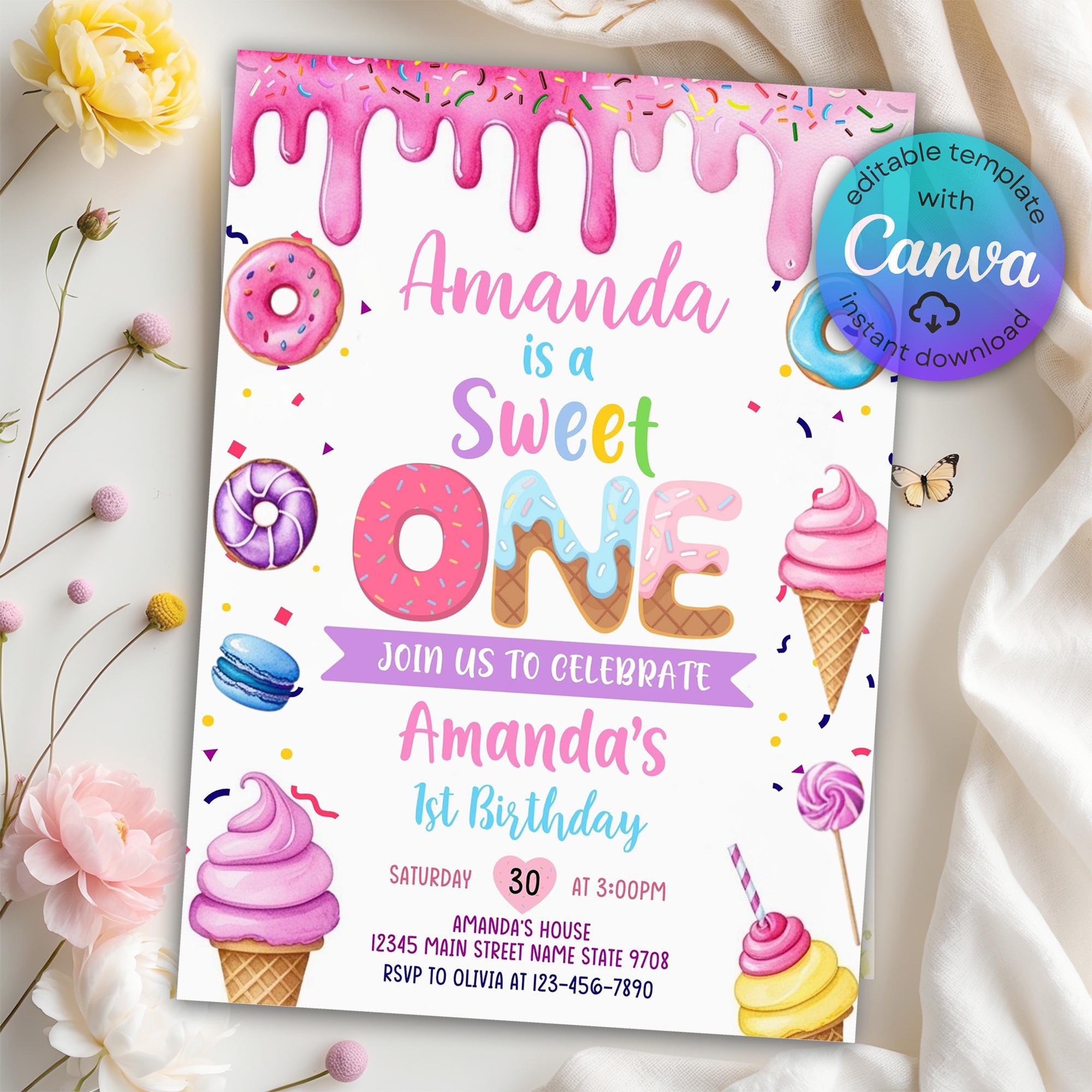 Editable Sweet One Birthday Invitation, Sweet One Invitation, 1st ...