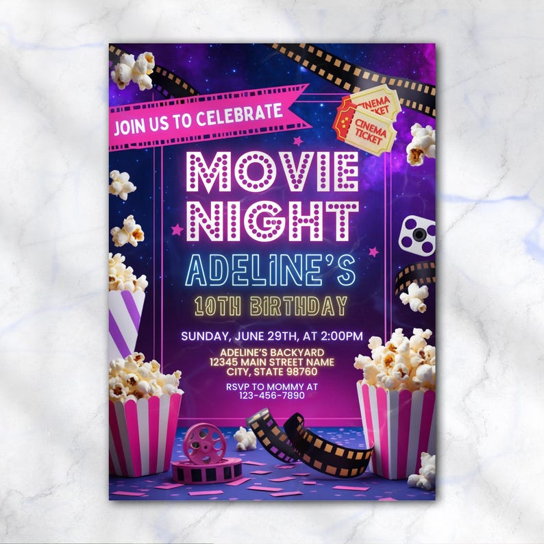 Editable Movie Birthday Invitation, Backyard Movie Night, Movie Theater ...