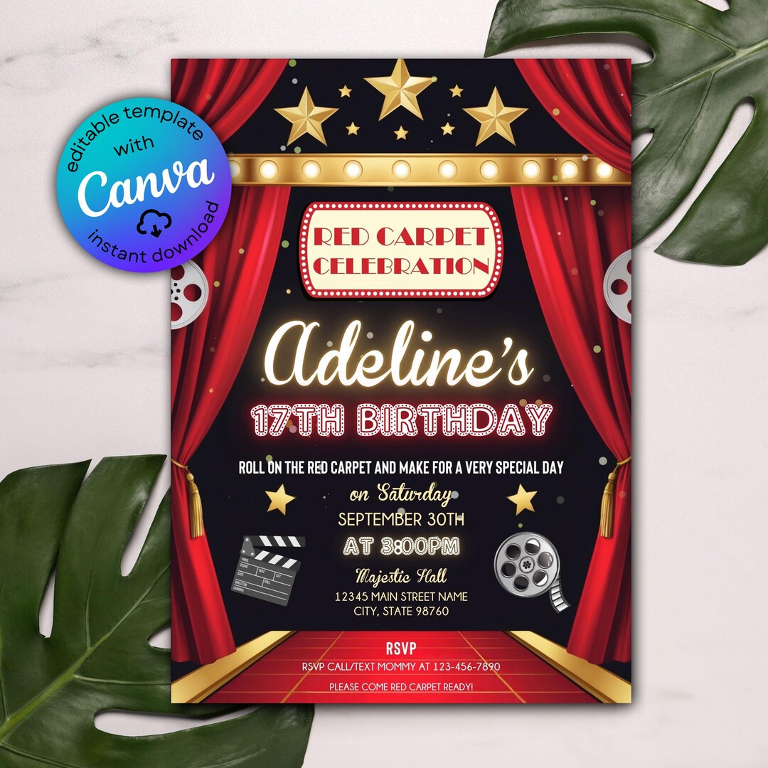 Red Carpet Birthday Invitation, Star VIP Pass Party Invite, Glam ...