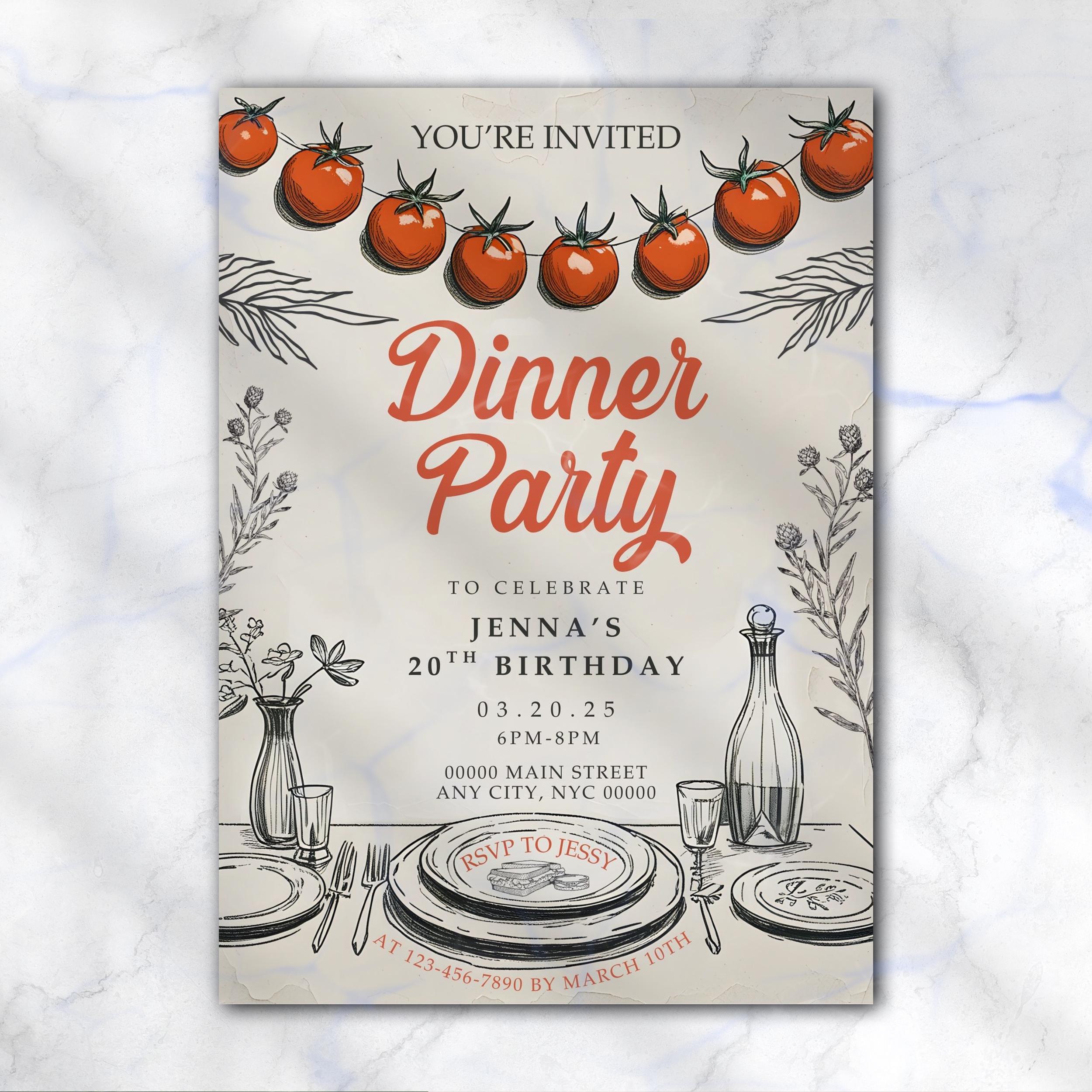 Summer BBQ Dinner Party Invitation, Retro Chic Hand Drawn Table ...
