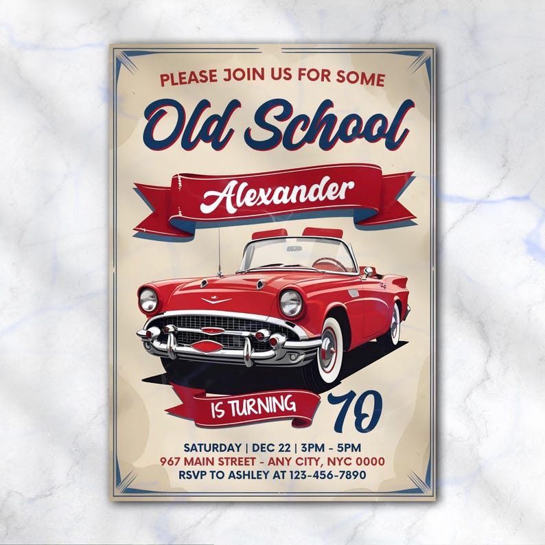 1950s Classic Car Birthday Invitation, Old School Vintage Car ...