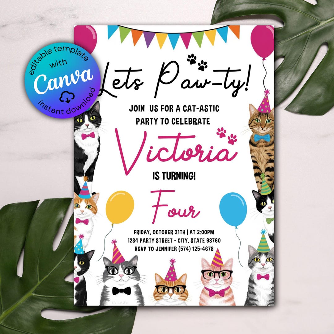 Editable Cat Birthday Party Invitation, Cat Theme Birthday, Kitty Cat ...