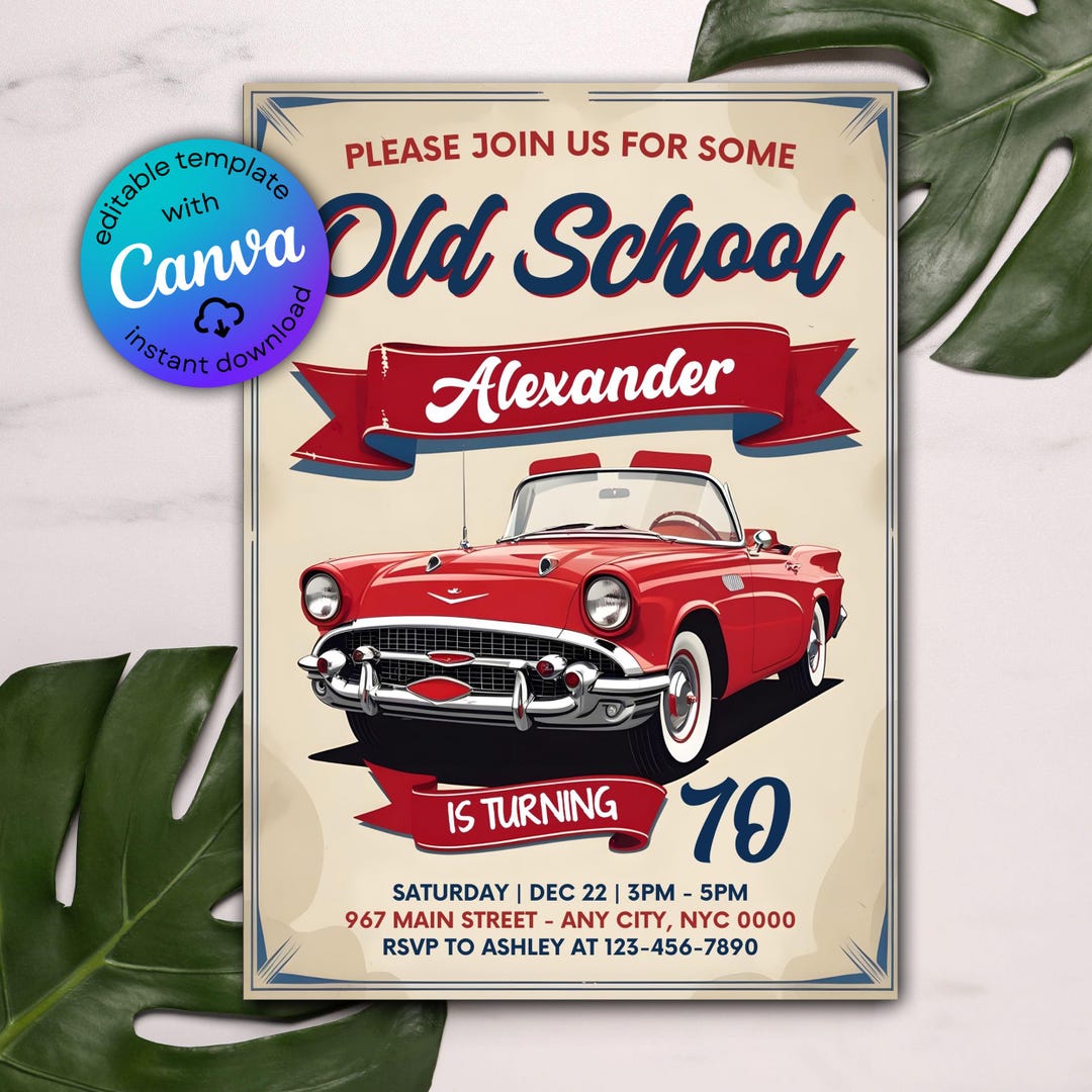 1950s Classic Car Birthday Invitation, Old School Vintage Car ...