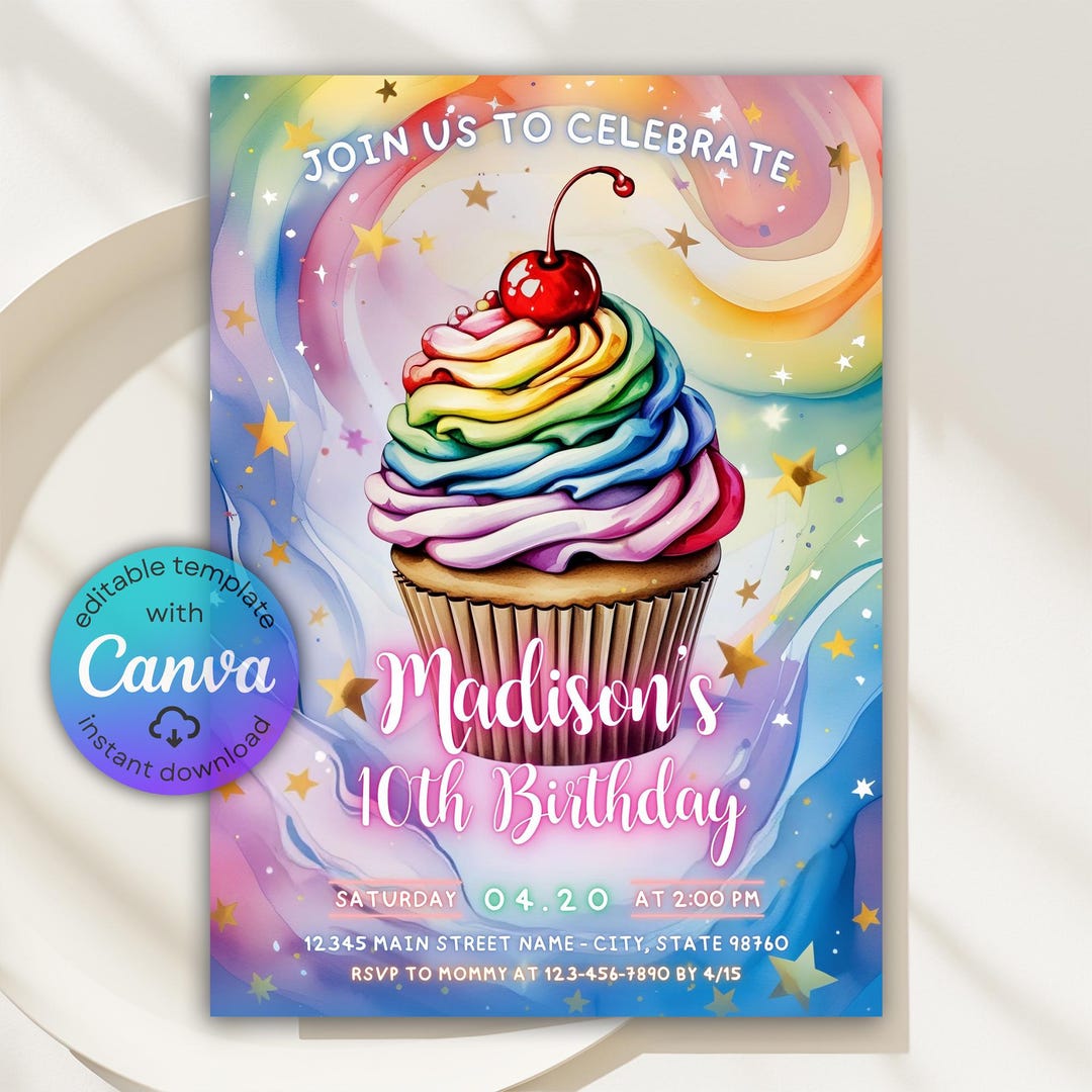 Rainbow Cupcake Birthday Invitation: Editable Baking Party Invite ...