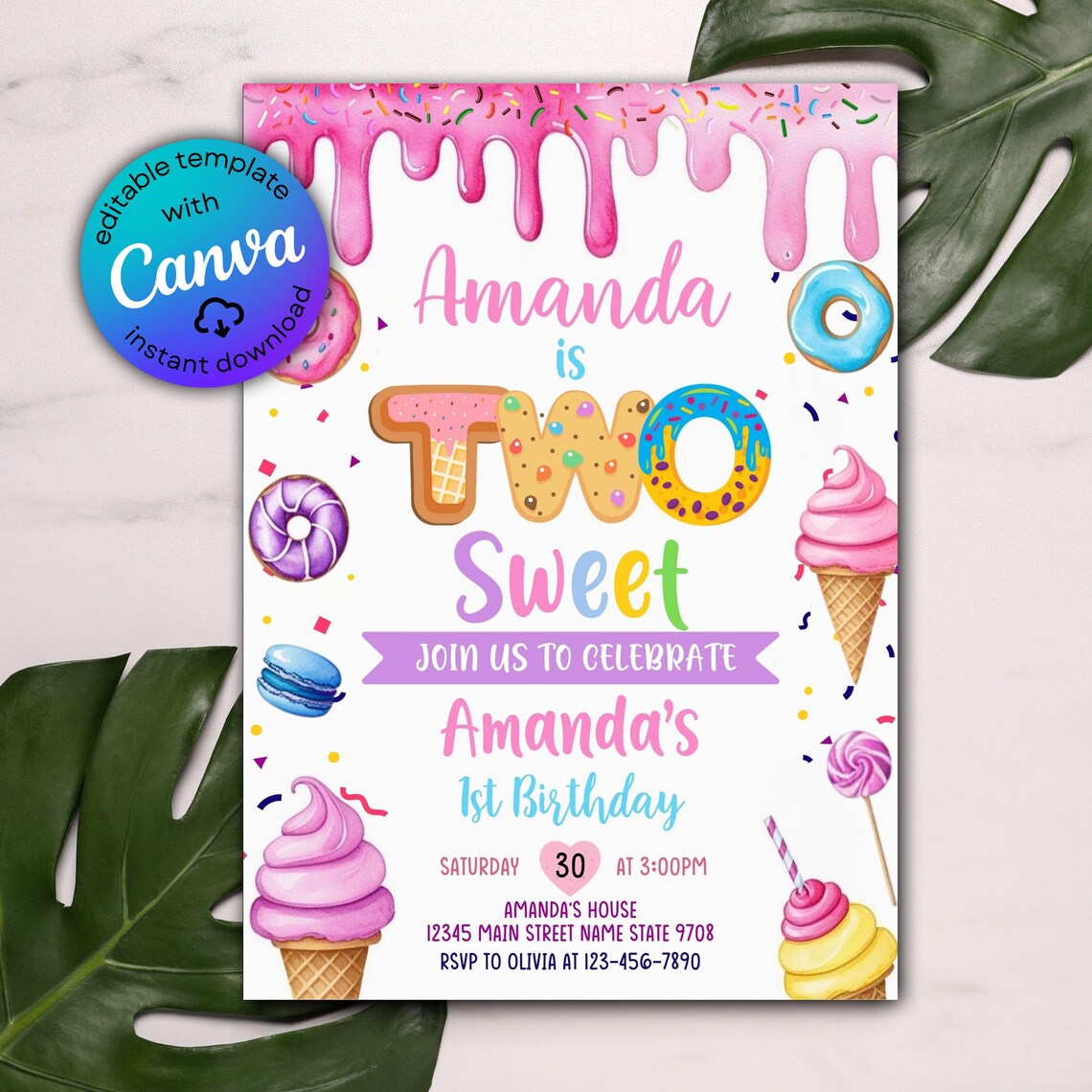 Editable Two Sweet Birthday Invitation, Two Sweet Invitation, 2nd ...